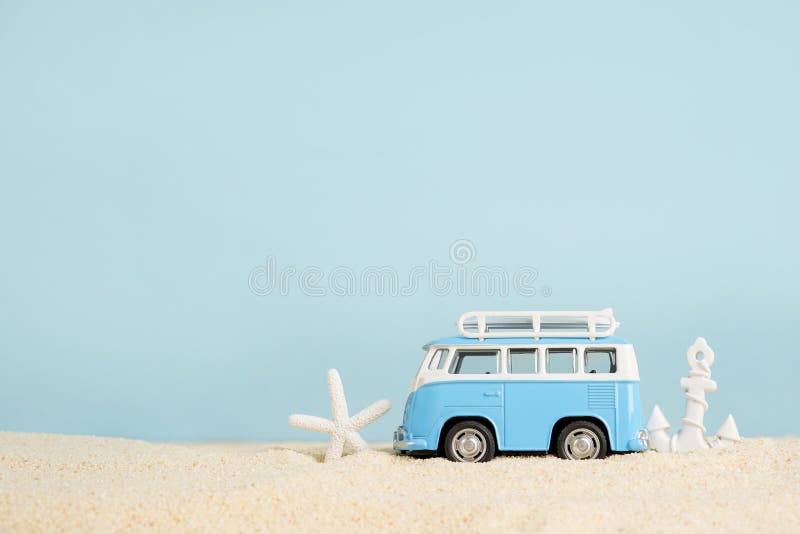 Blue Vintage Bus with with White Sea Decor on the Beach with Blue Sky ...