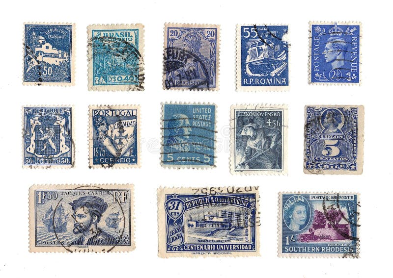 Blue Vintage Postage Stamps from Around the World. Editorial Image ...