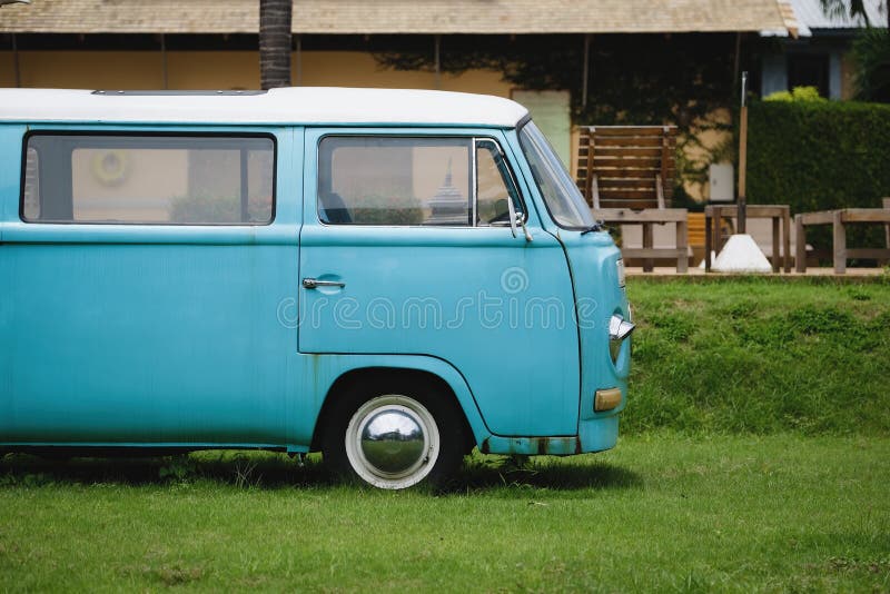 A Blue Vintage Van Parked on the Lawn. Stock Image - Image of honeymoon ...