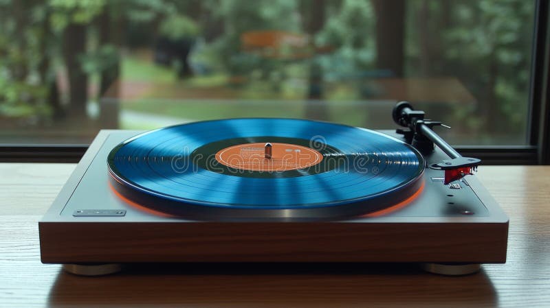 Blue Vinyl Record Playing on Turntable by Window Stock Illustration ...