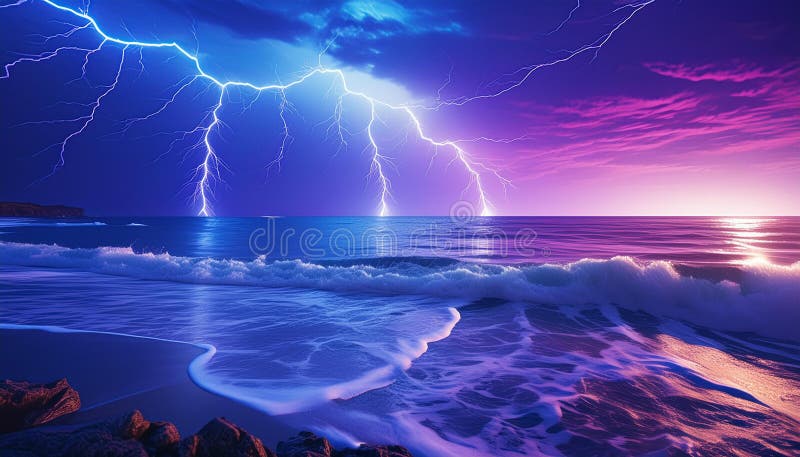 Blue Violet Sky Hurls Lightning into the Sea on the Horizon Stock ...