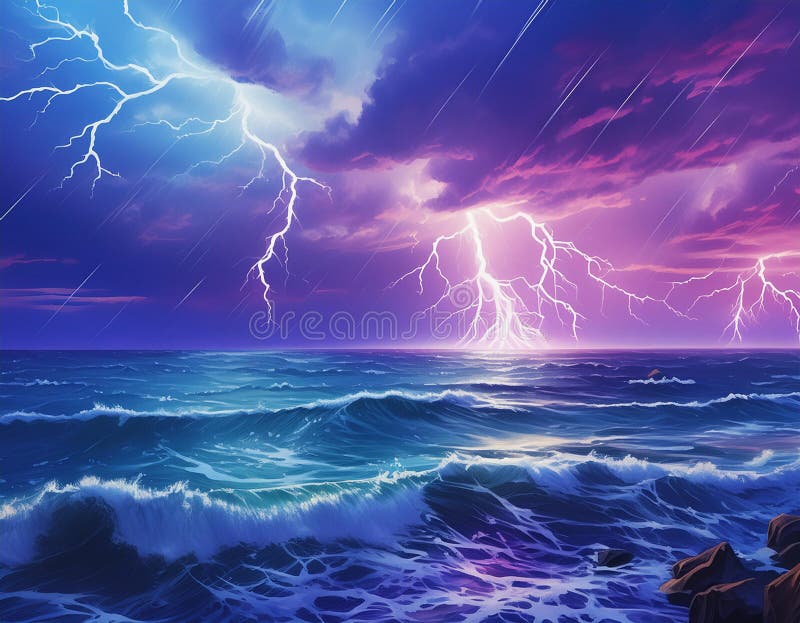 Blue Violet Sky Hurls Lightning into the Sea on the Horizon Stock ...
