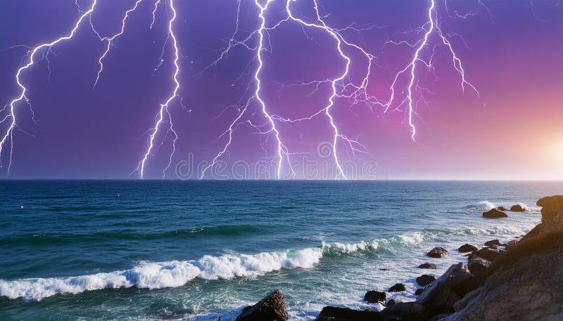 Blue Violet Sky Hurls Lightning into the Sea on the Horizon Stock ...