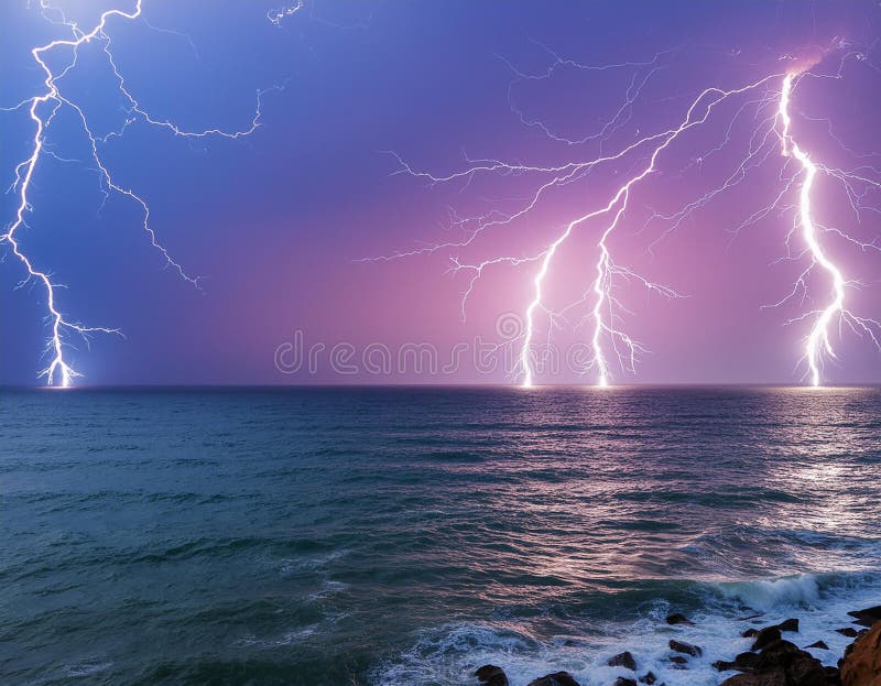 Blue Violet Sky Hurls Lightning into the Sea on the Horizon Stock ...