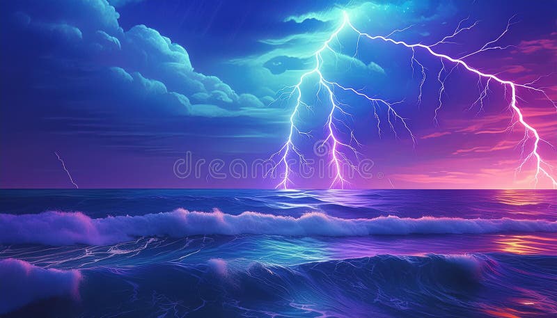 Blue Violet Sky Hurls Lightning into the Sea on the Horizon Stock ...