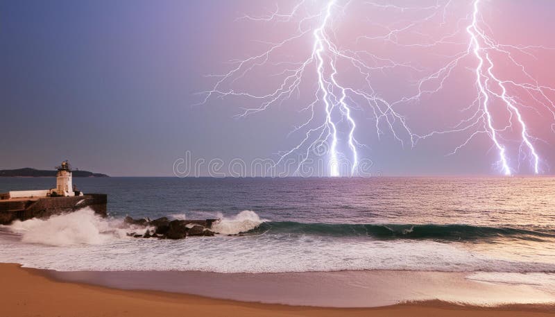 Blue Violet Sky Hurls Lightning into the Sea on the Horizon Stock ...