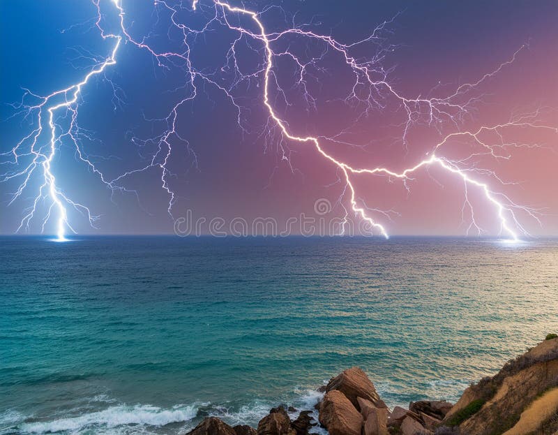 Blue Violet Sky Hurls Lightning into the Sea on the Horizon Stock ...