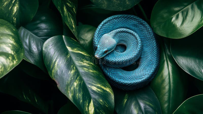 Blue Viper Coiled on Lush Green Leaves Stock Photo - Image of jungle ...