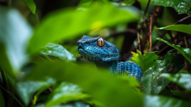 Blue Viper Hidden among Lush Green Tropical Foliage Stock Illustration ...
