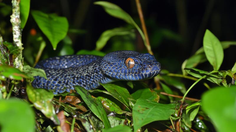Blue Viper in Rainforest at Night Stock Illustration - Illustration of ...