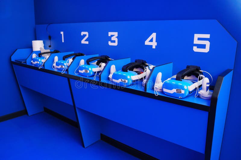 Blue Virtual Reality Helmets. a Device for Immersing the User in the Vr ...