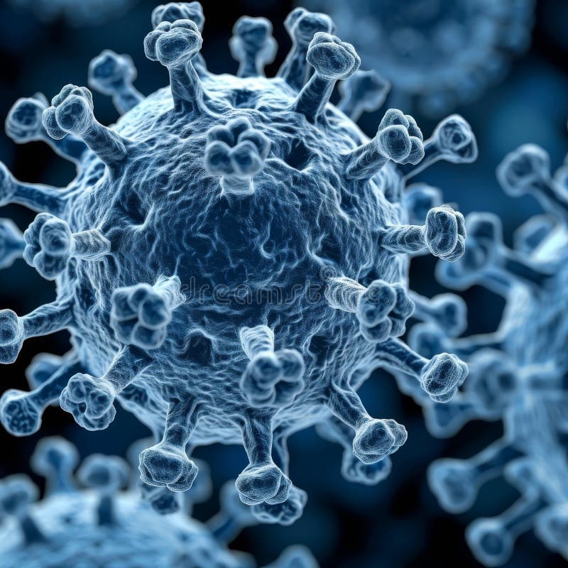 Blue Virus Cell on a Dark Blue Background 3D Rendering Stock ...