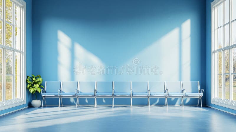Blue Waiting Room Minimalist Design Row of Chairs, Light Blue Walls, 3D ...
