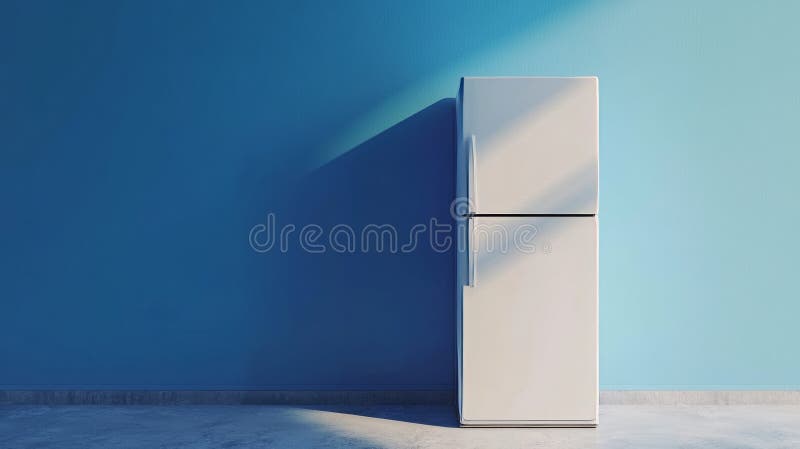 On Blue Wall Background, One Refrigerator or Fridge Sits on Tiled Floor ...