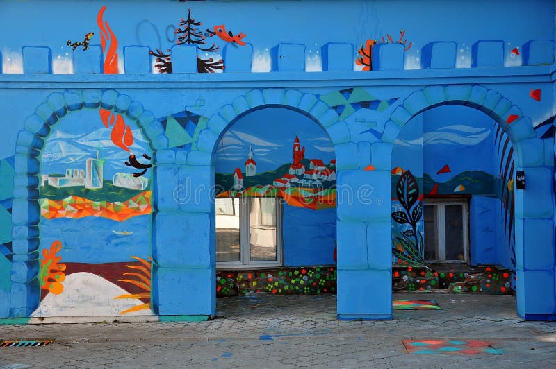 Blue wall with drawings editorial stock photo. Image of abstract - 75391678