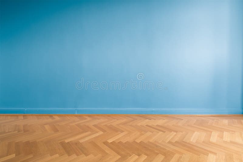 Blue Wall in Empty Room with Parquet Floor Stock Image - Image of blank ...