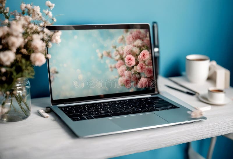 Blue Wall Flower Table Laptop Background Computer Screen Desk ...