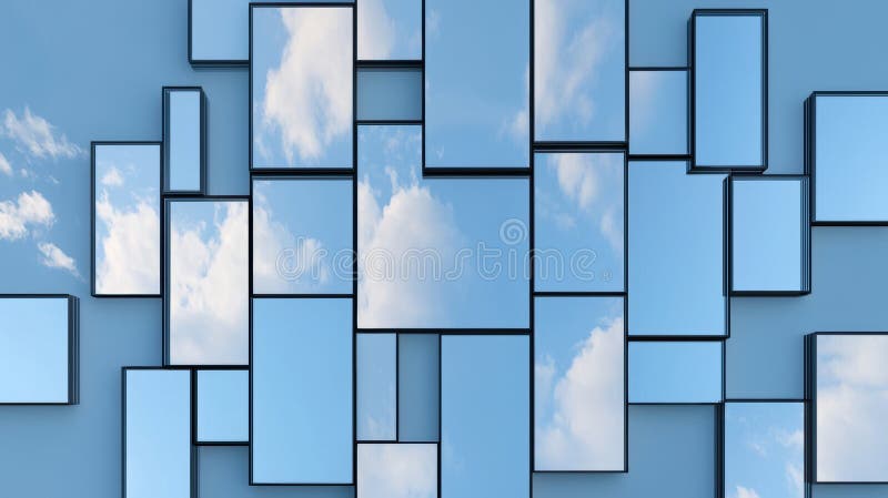 A Blue Wall with a Grid of Mirrored Squares. Stock Photo - Image of ...