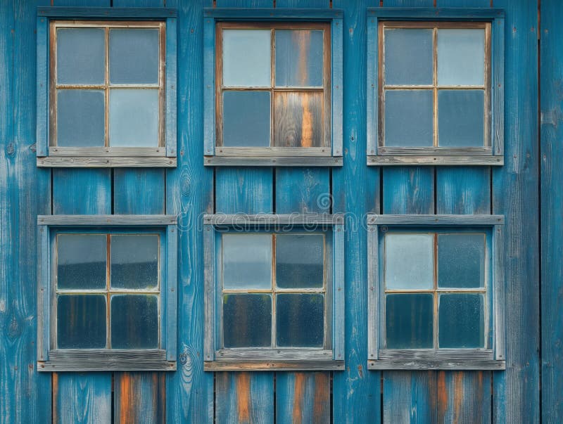 The Blue Wall Has Six Windows, Each with a Different Design Stock Photo ...