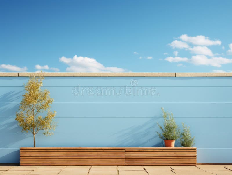 A Blue Wall with a Planter on it and a Tree Stock Illustration ...