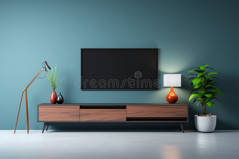Blue Wall Provides a Sleek Backdrop for TV on Cabinet Stock ...