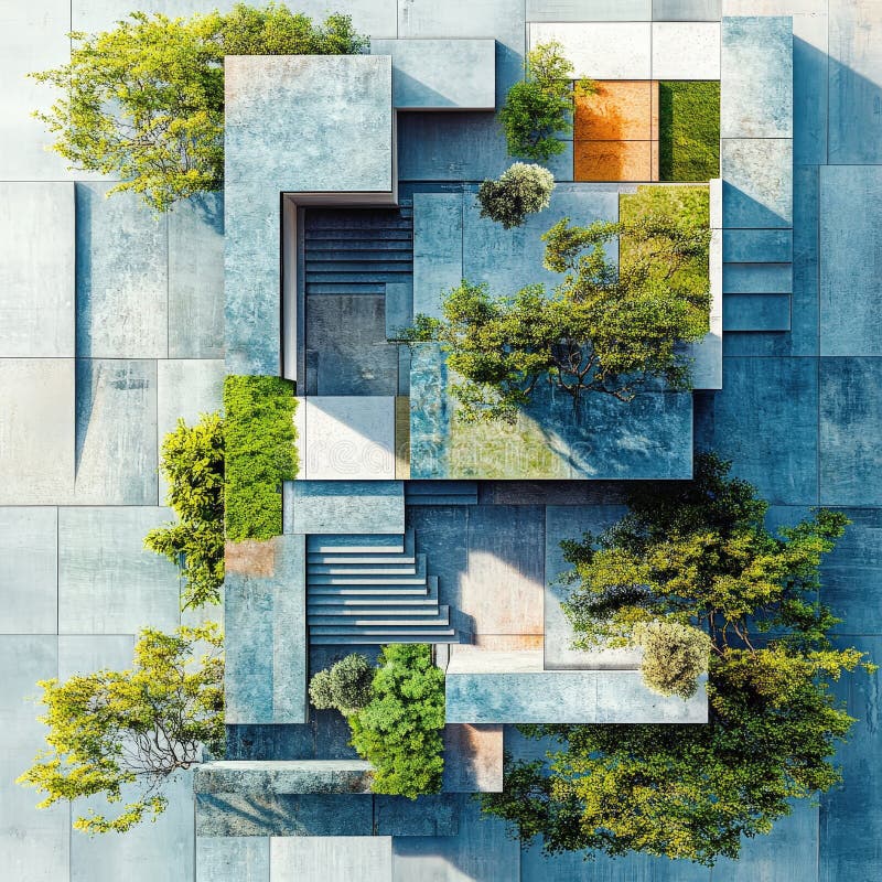 Blue Wall with Trees and Stairs in an Outdoor Setting Surrounded by ...