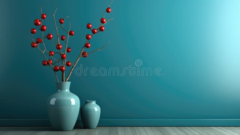 A Blue Wall with a Vase and a Branch of Red Berries, AI Stock ...