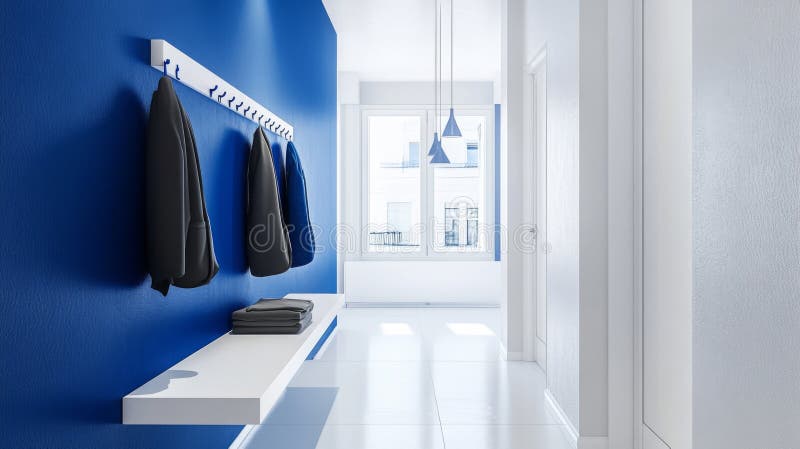 A Blue Wall with a White Coat Rack and Shelf in a Modern Hallway Stock ...