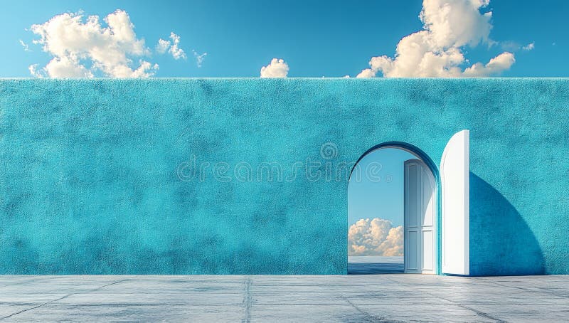 A Blue Wall with a White Door in the Middle Stock Image - Image of ...