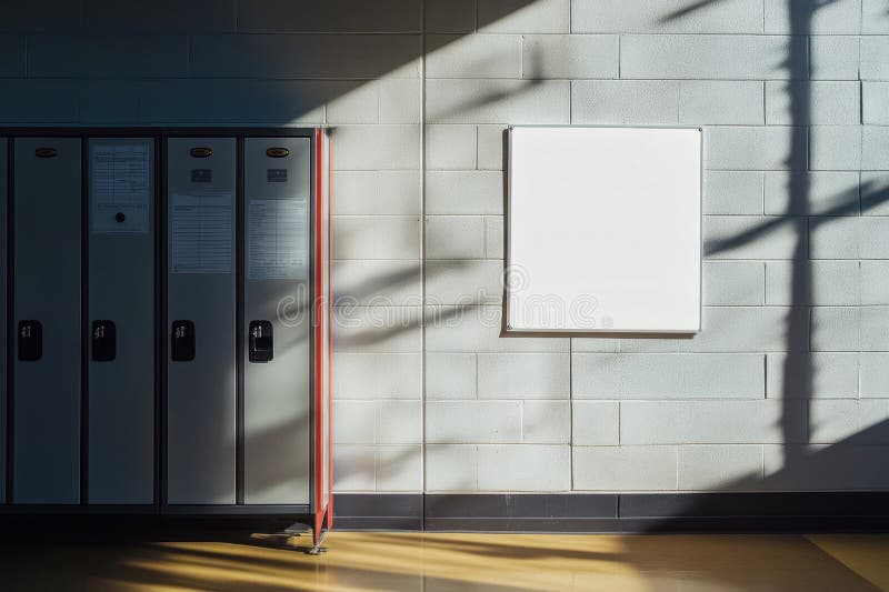 A Blue Wall with a White Sign and Three Metal Lockers Stock ...