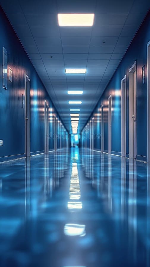 Blue-Walled Hallway with Light at End Stock Image - Image of lighting ...