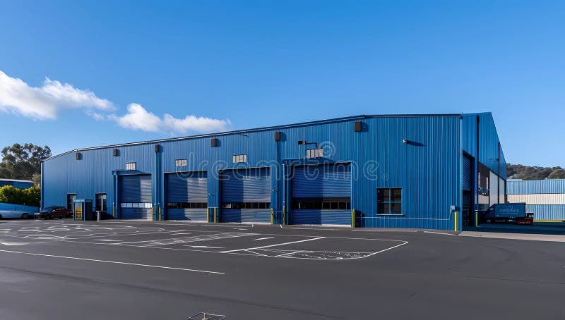 Large Blue Warehouse Building with Parking Lot Under Clear Blue Sky ...
