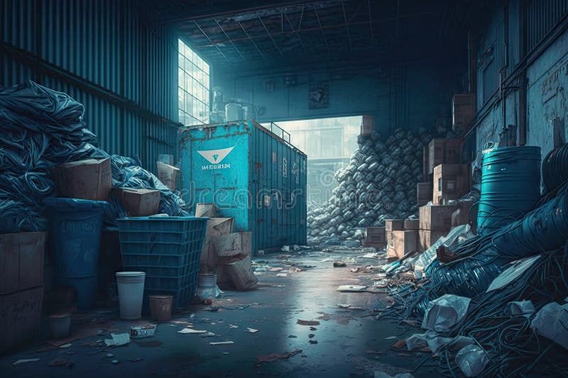 Blue Warehouse Filled with Trash and Overflowing Garbage Stock ...