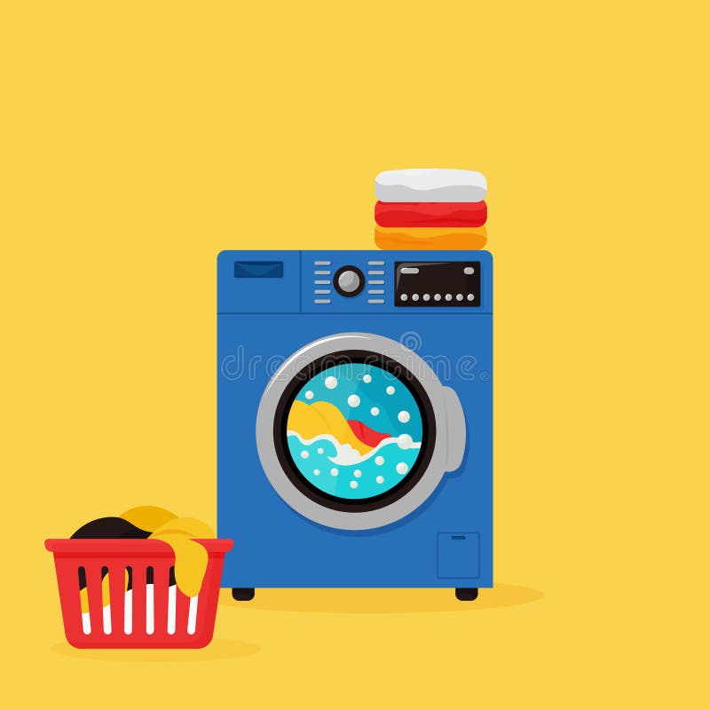 Blue Washing Machine with Laundry and Basket on Yellow Background Flat ...