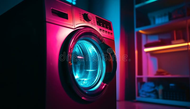 Blue Washing Machine Spinning Clothes with Electricity Generated by AI ...