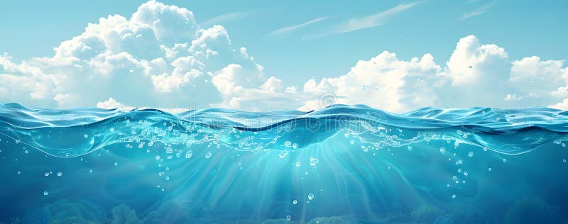 Ocean Water Surface with Clouds and Underwater Stock Illustration ...