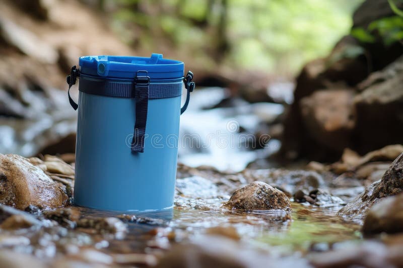 Blue Water Container by a Stream in a Forest Stock Illustration ...
