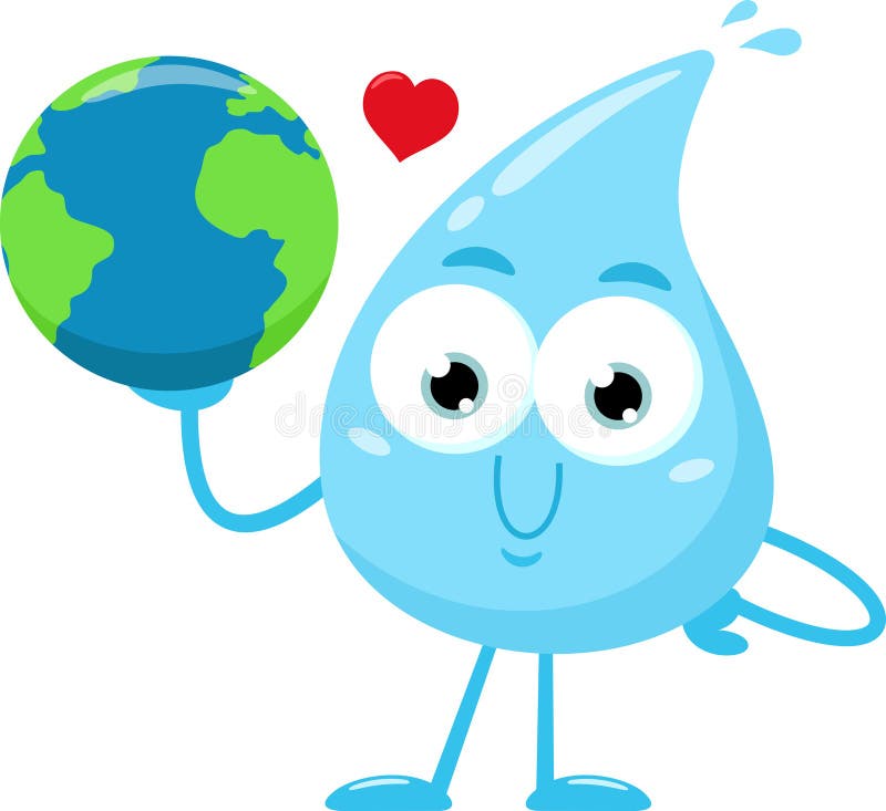 Blue Water Drop Cartoon Character Holding Earth Globe World Stock ...