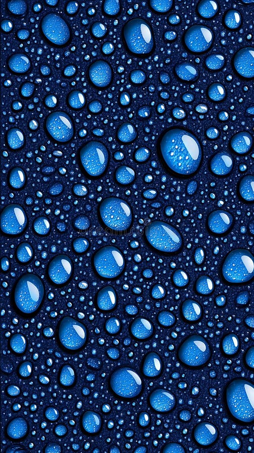 Blue Water Droplets Clustered on Dark Surface with Reflective ...