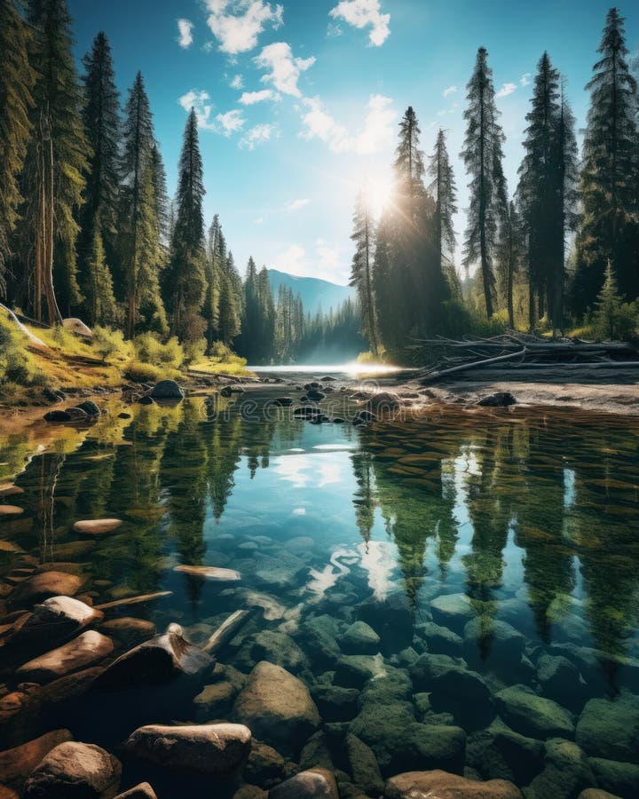 Blue Water in Forest Lake with Pine Trees. Reflection of the Forest in ...