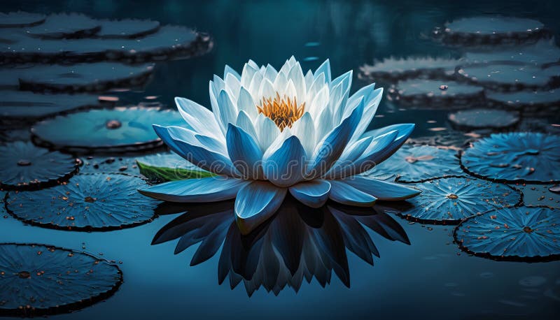 Blue Water Lily on Dark Blue Water Surface. 3d Rendering Stock Illustration - Illustration of ...