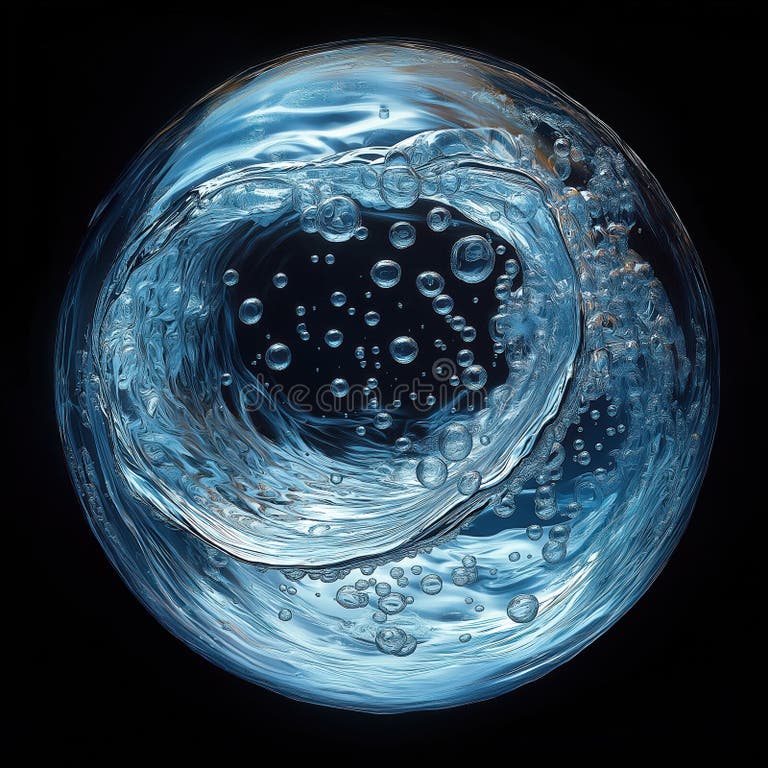 Blue Water Orb with Dynamic Motion. Circular Ripples, Bubbles Create ...