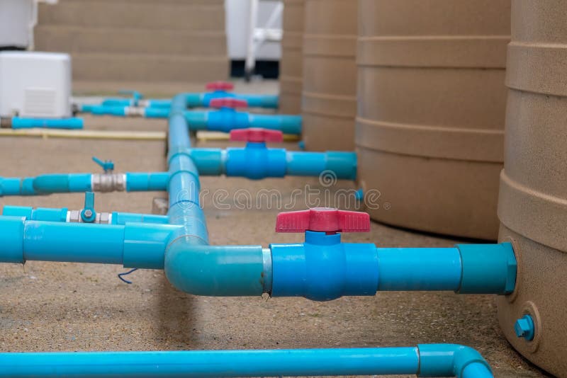 Blue Water Pipe Installation Pump To Tank. Stock Image - Image of ...