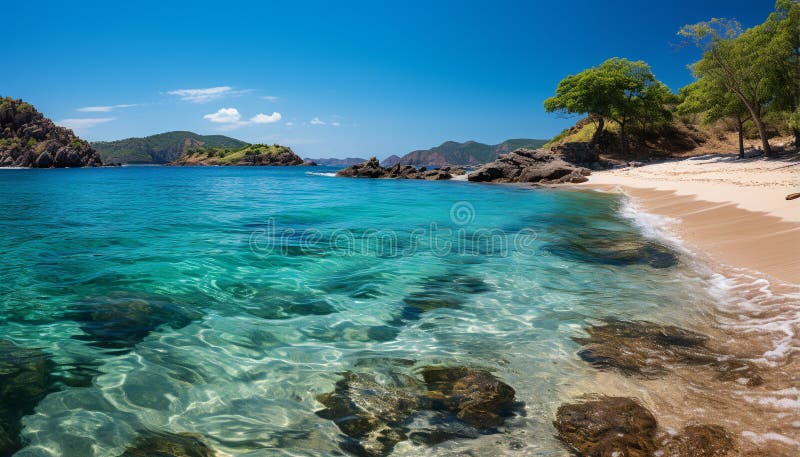 Blue Water, Sandy Coastline, Tropical Climate, Tranquil Seascape, Green ...