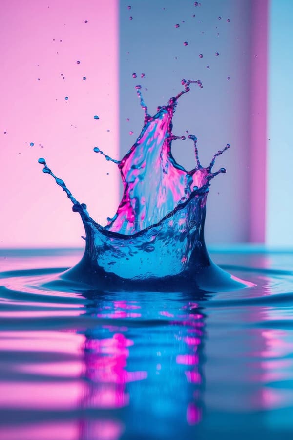 Blue Water Splash with Neon Pink and Purple Reflections. Stock Photo ...