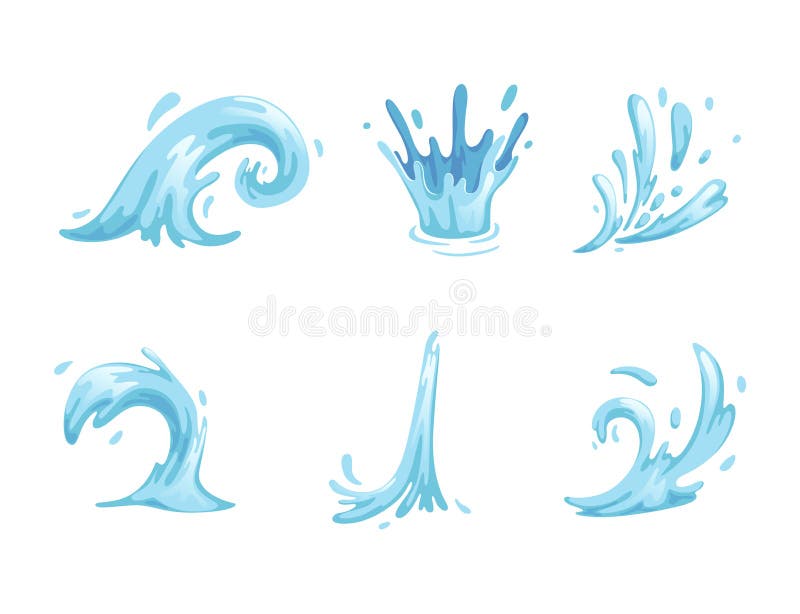 Blue Water Splashes with Drops and Moving Fluid or Liquid Vector Set ...