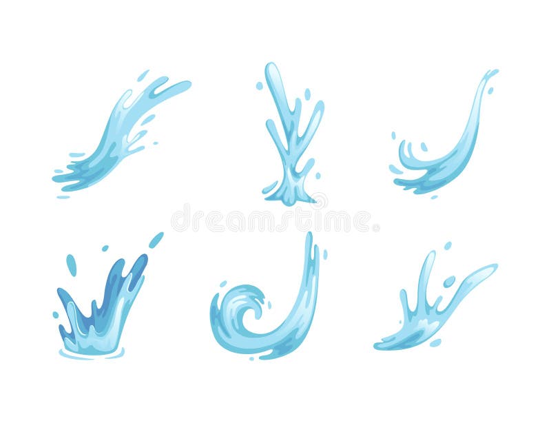 Blue Water Splashes with Drops and Moving Fluid or Liquid Vector Set ...