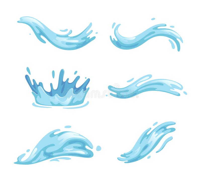 Blue Water Splashes with Drops and Moving Fluid or Liquid Vector Set ...