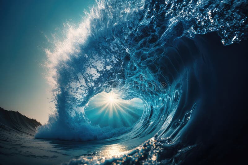 Blue Water Wave, with Droplets of Water and Sunlight Rays Stock ...