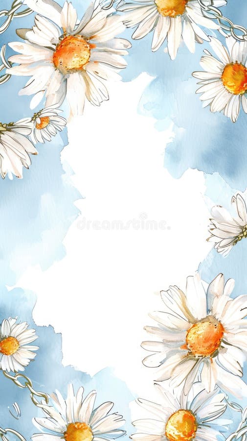 Blue Watercolor Backdrop with Daisy Chain. Watercolor Daisy Flowers ...